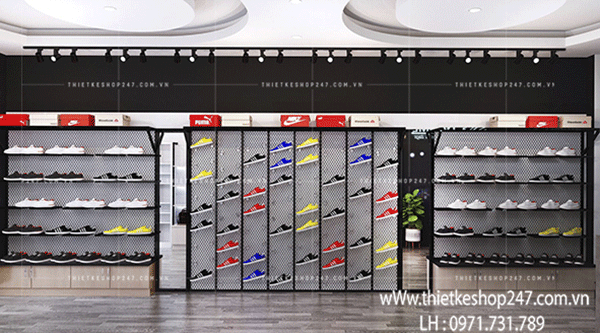 Thiết kế shop giày dép hiện đại với không gian năng động và trẻ trung.