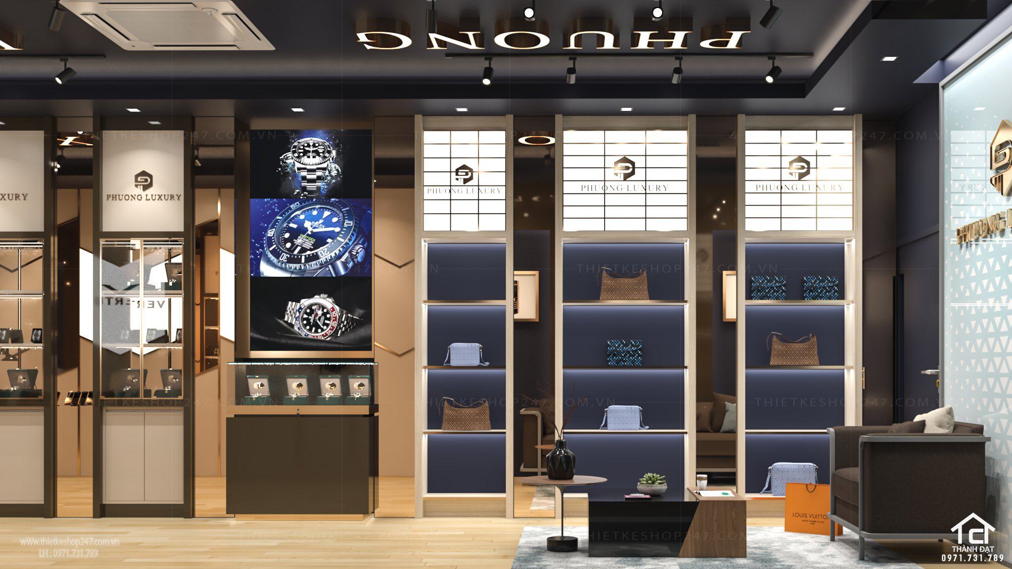Thiết kế shop đồng hồ diện tích lớn sang trọng – PHƯƠNG LUXURY